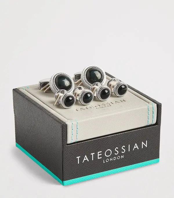 Tateossian Sterling Silver And Onyx Herringbone Cufflinks And Studs Set