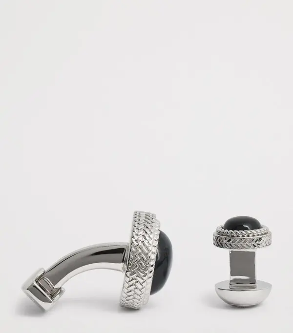 Tateossian Sterling Silver And Onyx Herringbone Cufflinks And Studs Set