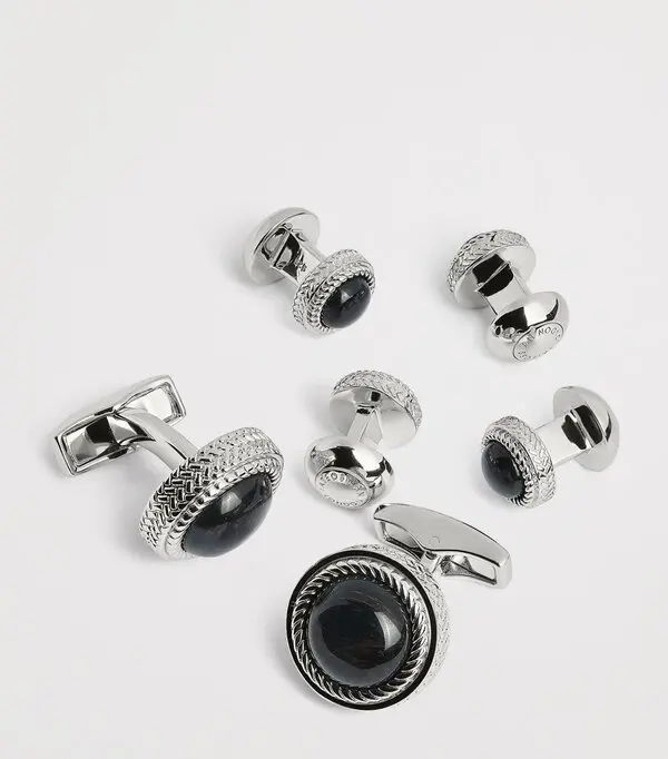 Tateossian Sterling Silver And Onyx Herringbone Cufflinks And Studs Set