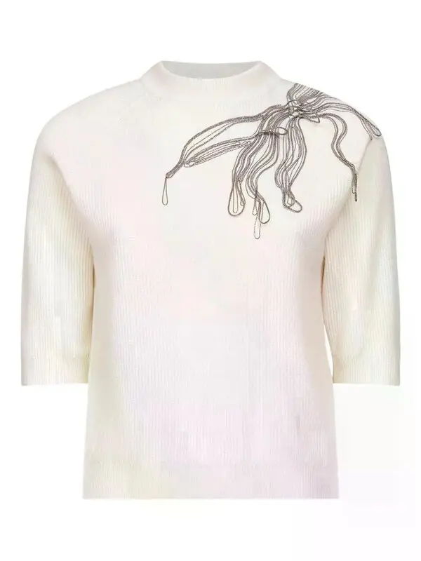 Brunello Cucinelli Chain-embellished Ribbed Knit Top - White