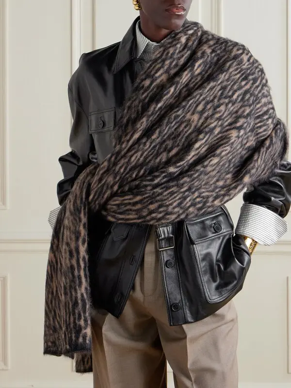 Saint Laurent Leopard-print Mohair-blend Scarf - Brown