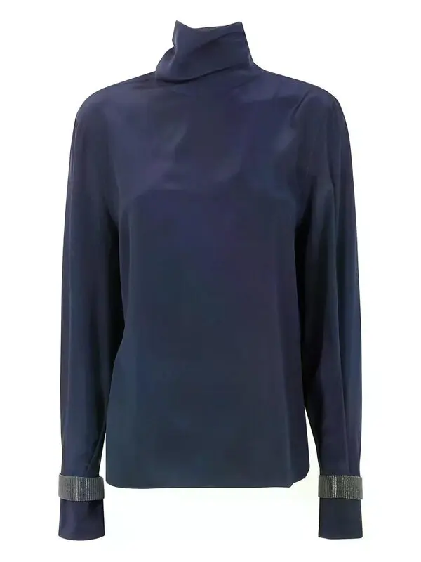 Brunello Cucinelli High-neck Embellished-cuff Blouse - Blue