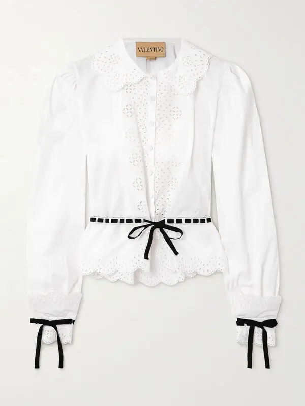 Valentino Garavani Grosgrain-trimmed Broderie Anglaise Cotton-poplin Shirt - White