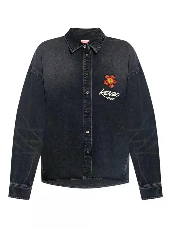 Kenzo Flower-embroidered Denim Shirt - Black