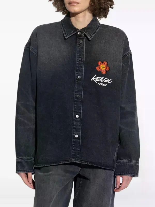 Kenzo Flower-embroidered Denim Shirt - Black