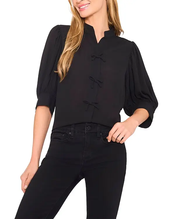 CECE DUPRAZ Puff Sleeve Bow Placket Blouse - Rich Black
