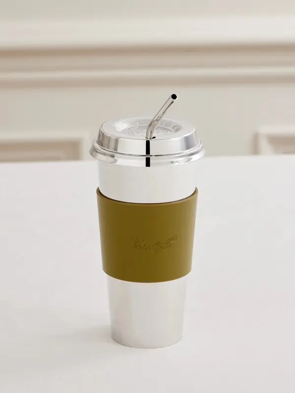 Christofle Objets Miroir Leather-trimmed Stainless Steel Coffee Cup - Silver