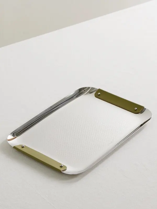 Christofle Club Leather-trimmed Stainless Steel Tray - Silver