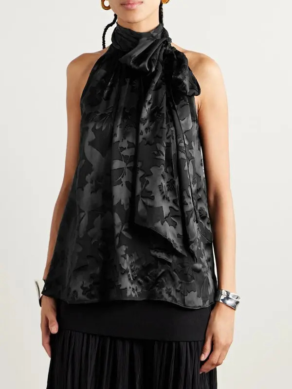 Adam Lippes Giulia Devoré-satin Halterneck Top