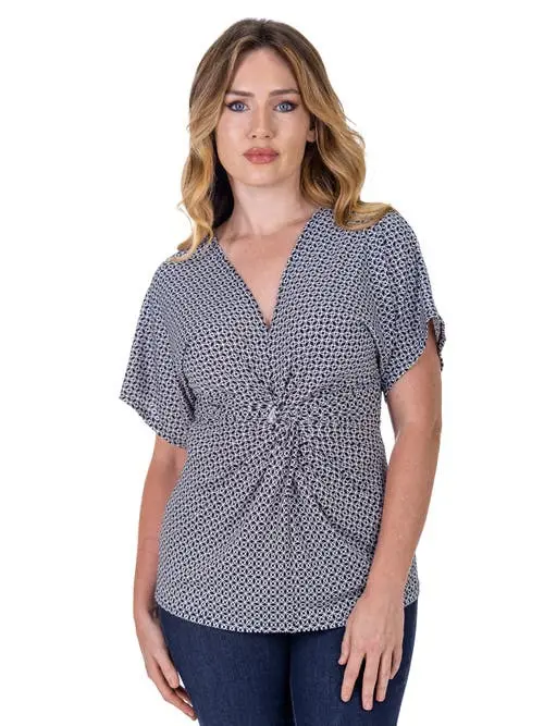 24SEVEN COMFORT APPAREL Petite Geometric Print Knot Front Top - Black Multi