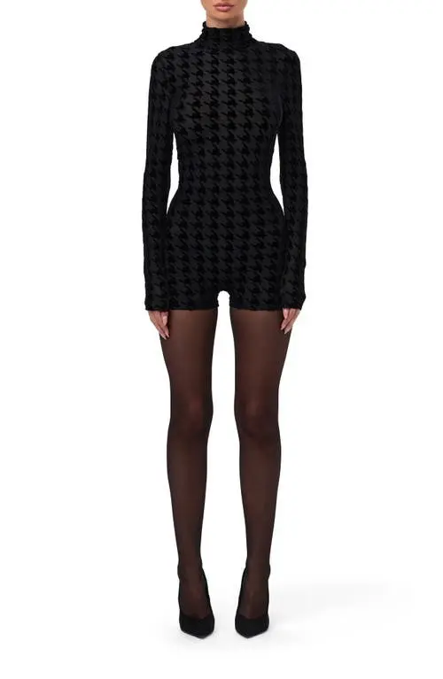 Naked Wardrobe Burnout Mock Neck Long Sleeve Romper - Black Houndstooth