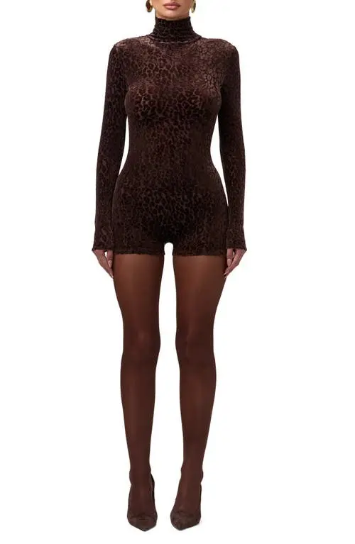 Naked Wardrobe Burnout Mock Neck Long Sleeve Romper - Leopard Dark Chocolate
