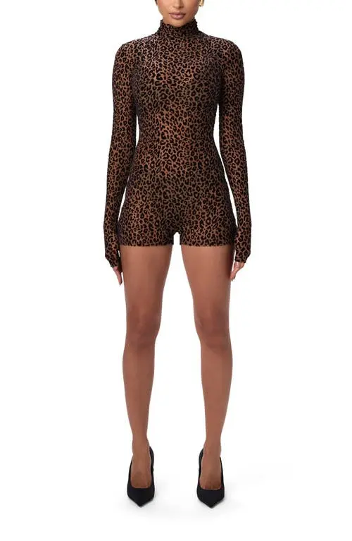 Naked Wardrobe Burnout Mock Neck Long Sleeve Romper - Leopard Nude