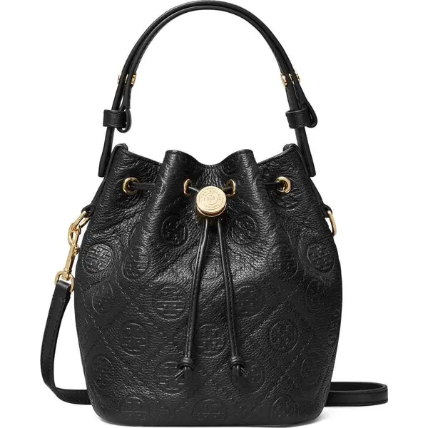 Tory Burch Mini T Monogram Pebble Leather Bucket Bag