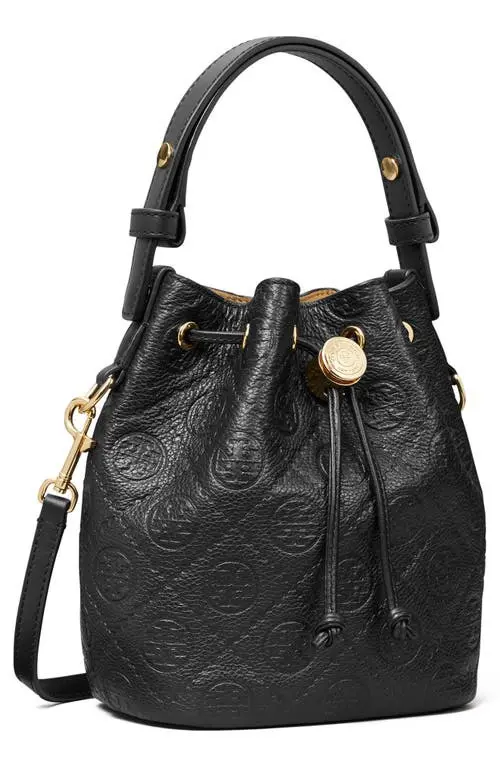 Tory Burch Mini T Monogram Pebble Leather Bucket Bag