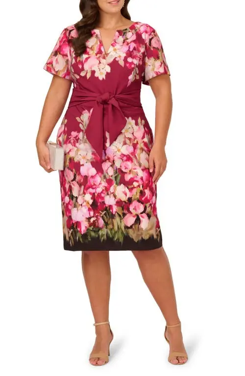 Adrianna Papell Floral Print Tie Front Stretch Twill Sheath Dress