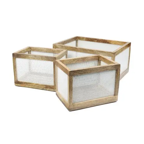 HAPPIMESS Fallon Modern Minimalist Handmade Wooden Metal Nesting Storage Baskets - White/natural