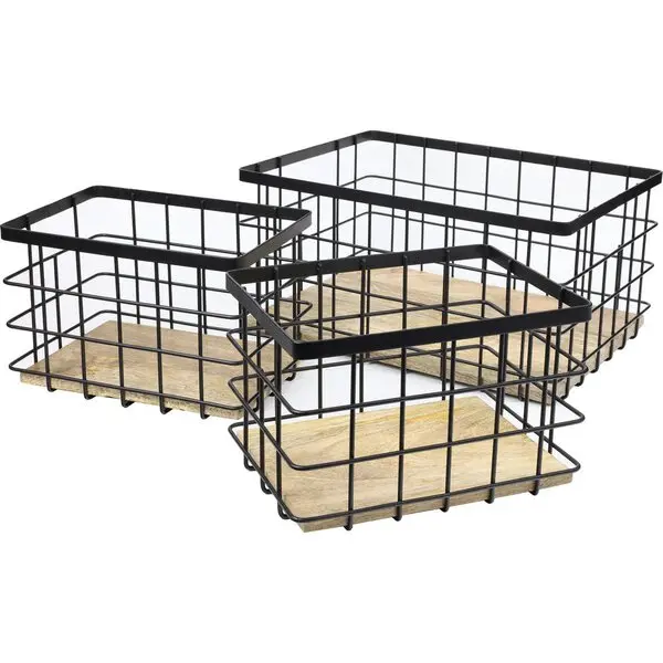 HAPPIMESS Evvie Vintage Farmhouse Handmade Wire Metal Nesting Storage Baskets With Wood Base - Black/natural