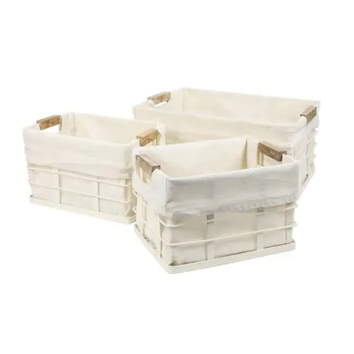 HAPPIMESS Callan Vintage Industrial Handmade Wire Metal Nesting Storage Baskets With Wood Handles And Fabric Liner - Almond