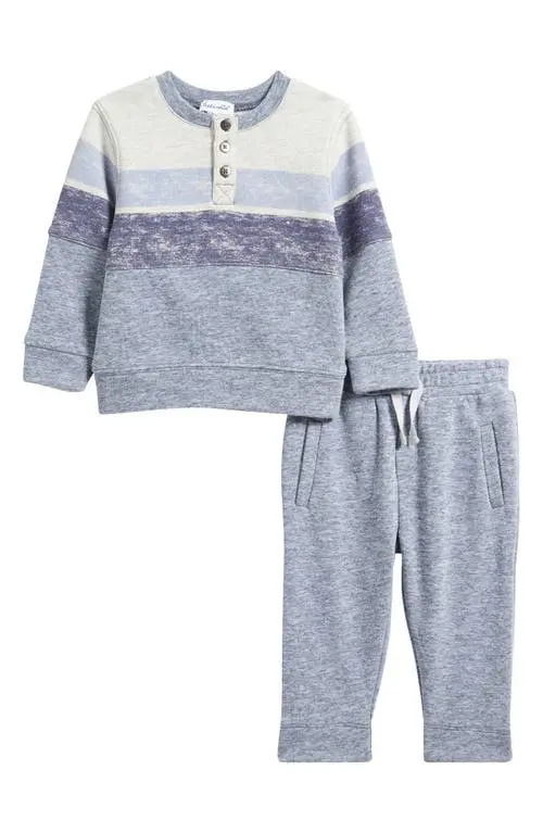 Splendid Blake Block Stripe Henley Sweatshirt & Sweatpants Set - Heather Grey/navy
