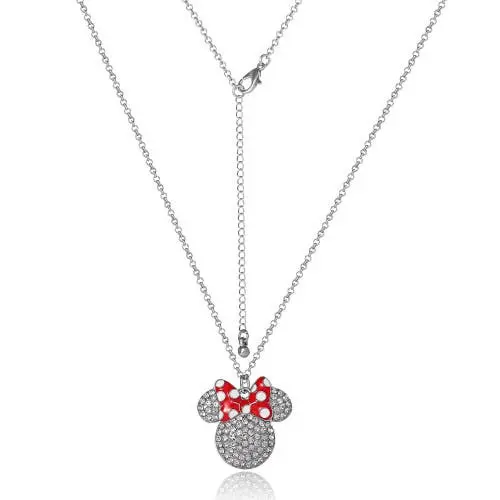 Disney Minnie Mouse Polka Dot Bow Crystal Pendant Necklace - Silver