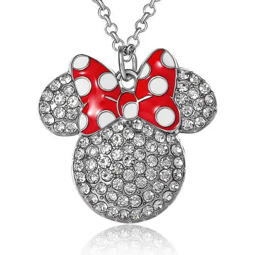 Disney Minnie Mouse Polka Dot Bow Crystal Pendant Necklace - Silver
