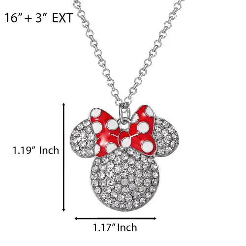 Disney Minnie Mouse Polka Dot Bow Crystal Pendant Necklace - Silver