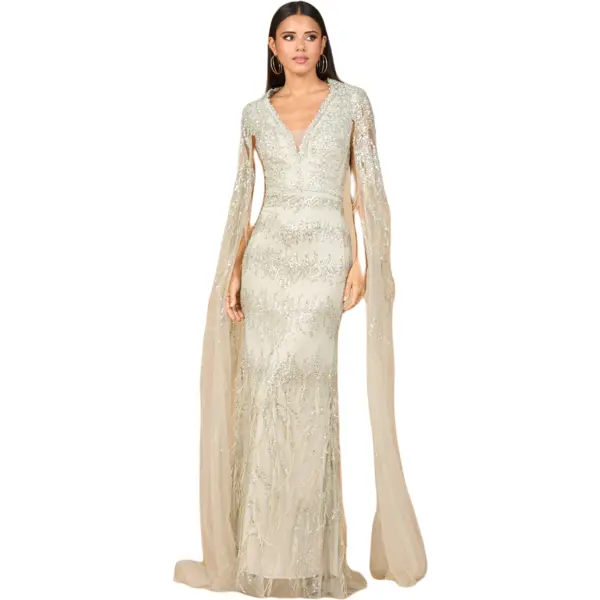 LARA NEW YORK V-neck Gown With Cape Sleeves And Feathers - Sage