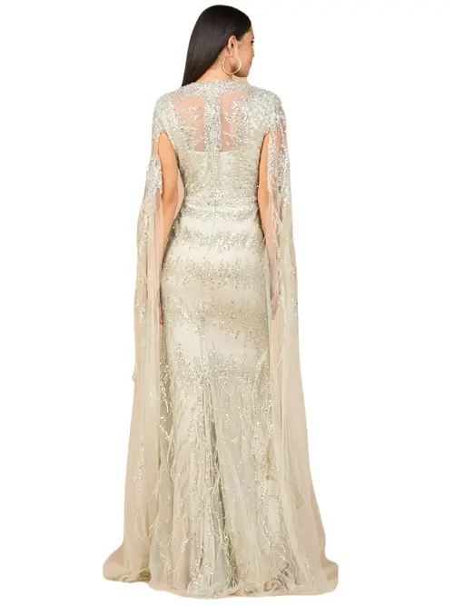 LARA NEW YORK V-neck Gown With Cape Sleeves And Feathers
