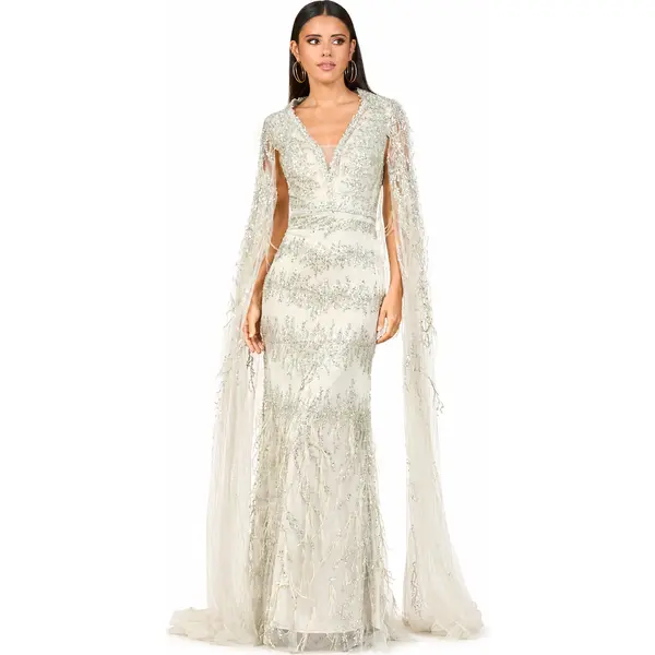 LARA NEW YORK V-neck Gown With Cape Sleeves And Feathers - Sage