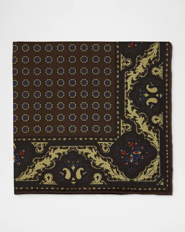 Dunhill Apos;s Mulberry Silk Floral Medallion Pocket Square - Chocolate