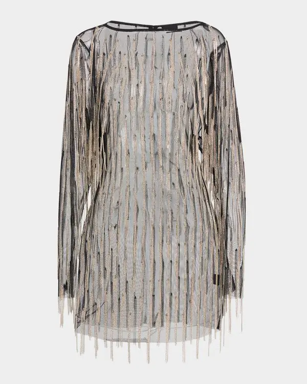 Lapointe Crystal Fringe Mesh Mini Dress