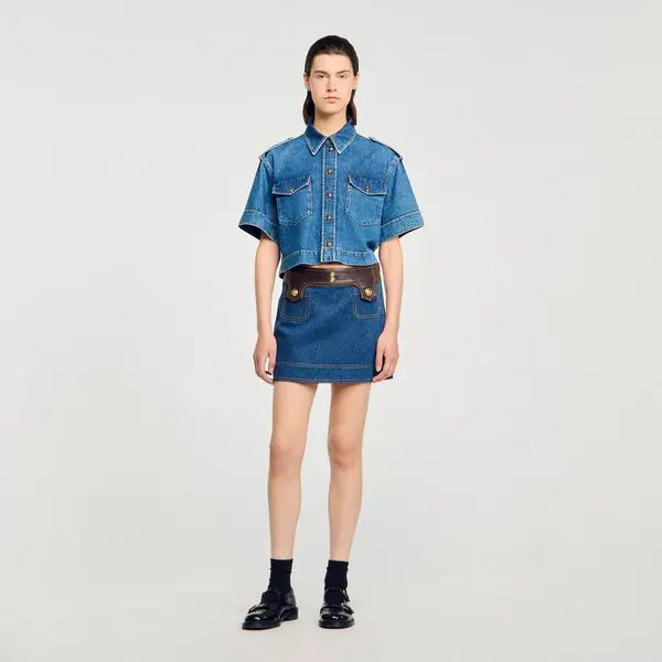 Sandro Mini Denim Skirt With Leather Details - Dark Blue