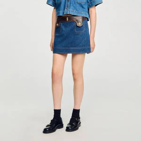 Sandro Mini Denim Skirt With Leather Details - Dark Blue