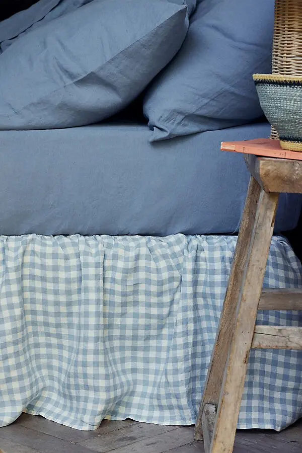 PIGLET IN BED Linen Blend Bed Skirt - Warm Blue Gingham