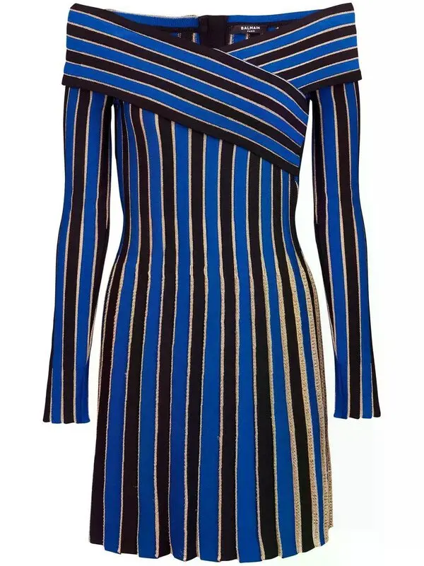Balmain Striped Off-shoulder Dress - Blue
