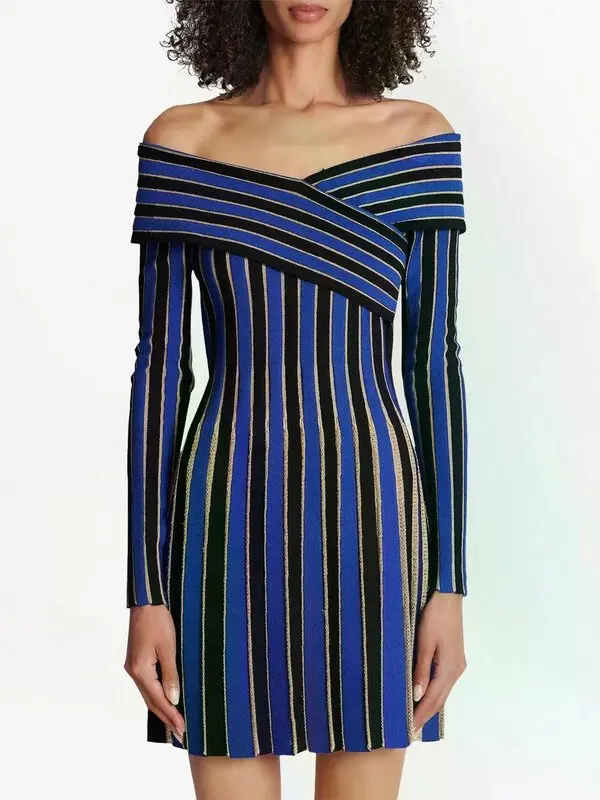 Balmain Striped Off-shoulder Dress