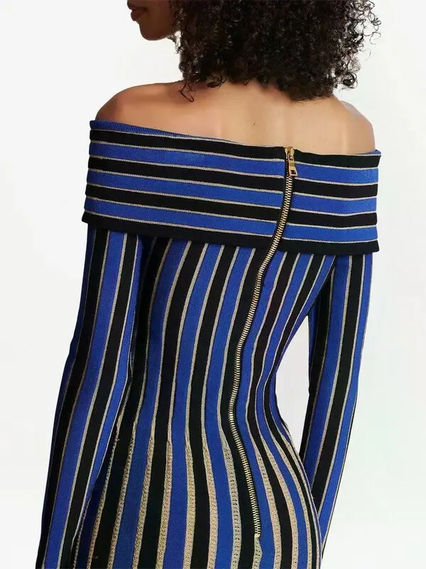 Balmain Striped Off-shoulder Dress