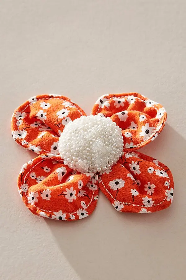 CURRIED MYRRH Tess Fabric Flower Brooch - Orange Ditsy