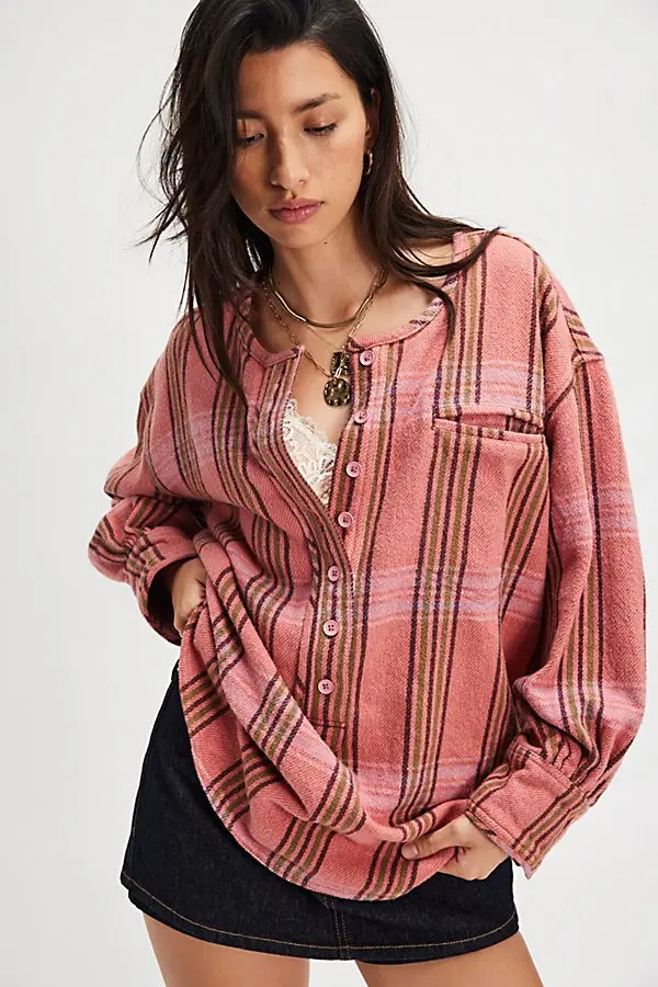 Free People We The Free Perfect In Plaid Pullover - Pink Combo