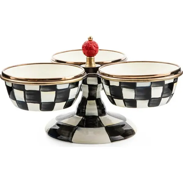 MACKENZIE-CHILDS Courtly Check Enameled Steel Triplicity Bowls & Stand Set - Black/white