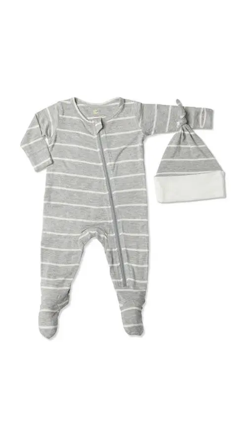 EVERLY GREY Jersey Long Sleeve Footie & Hat Set - Heather Grey Stripe