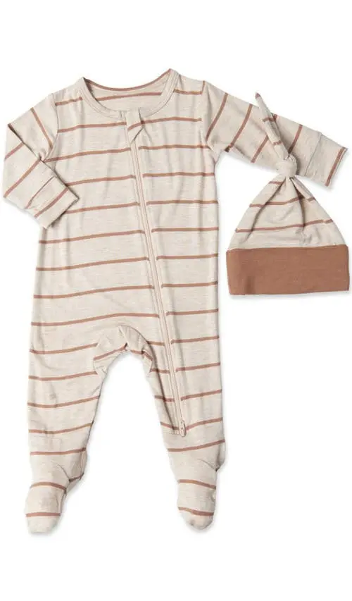 EVERLY GREY Jersey Long Sleeve Footie & Hat Set - Mocha Stripe