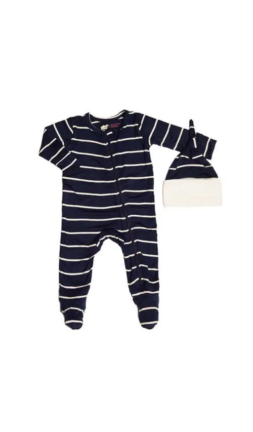 EVERLY GREY Jersey Long Sleeve Footie & Hat Set - Navy Stripe