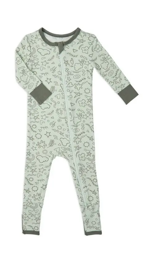 EVERLY GREY Convertible Romper Fitted Long Sleeve Pajama - Sage Doodle