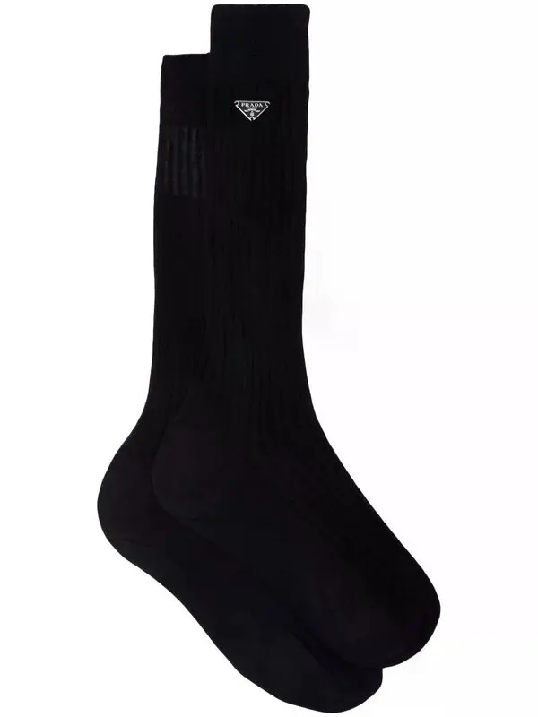 Prada Cotton Ribbed Knit Mid-calf Socks With Enamel Triangle Logo - Black