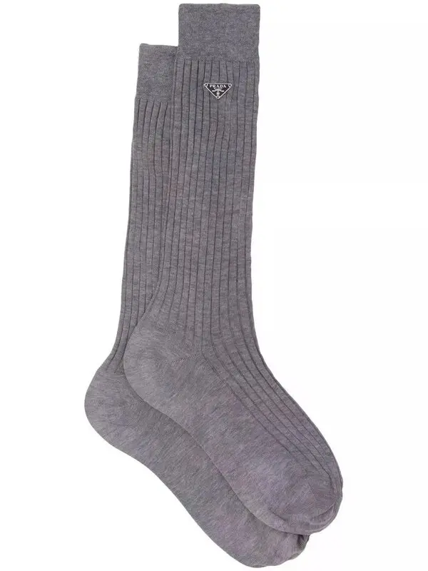 Prada Cotton Ribbed Mid-calf Socks With Enamel Triangle Logo - Grey