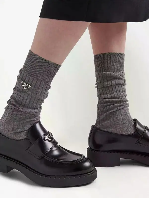 Prada Cotton Ribbed Mid-calf Socks With Enamel Triangle Logo - Grey