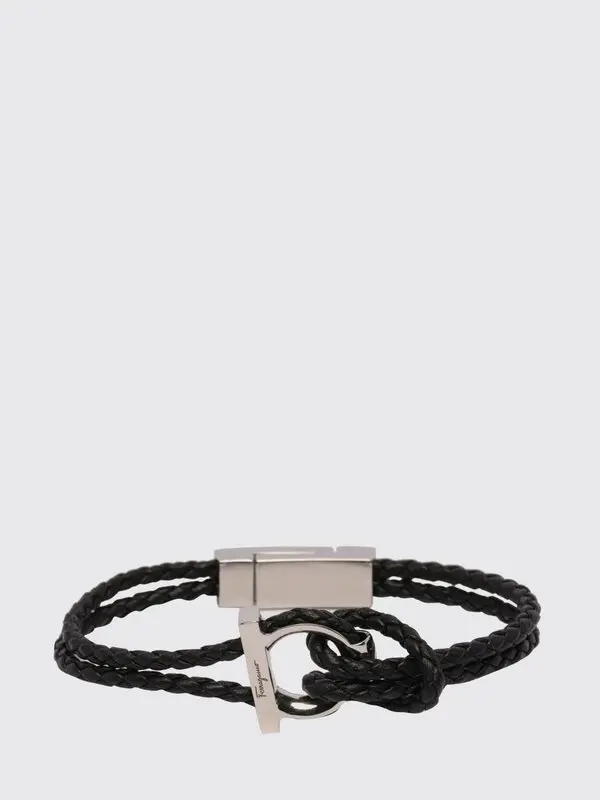 FERRAGAMO Gancini Braided Leather Bracelet - Black