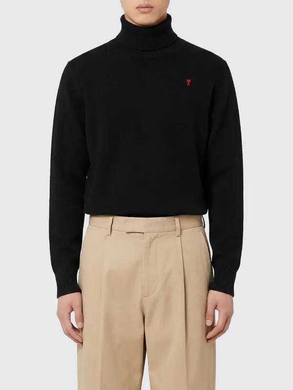 AMI Paris Merino Wool Turtleneck Sweater With Embroidered Logo - Black
